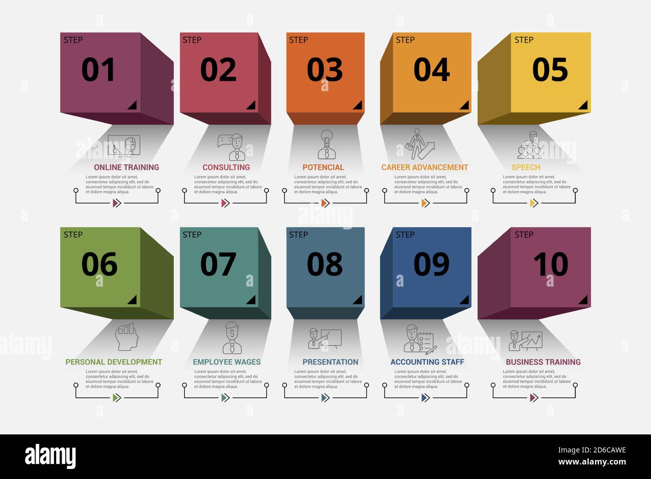 Infographic Business Training template. Icons in different colors ...