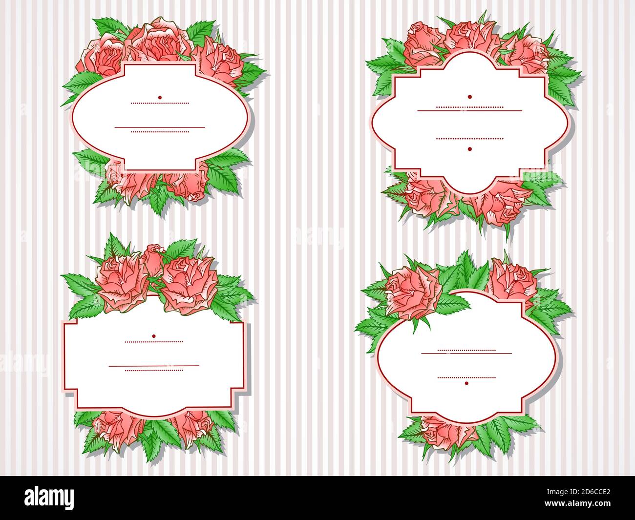 Vector set of labels with hand drawn roses and leaves. In red and green ...