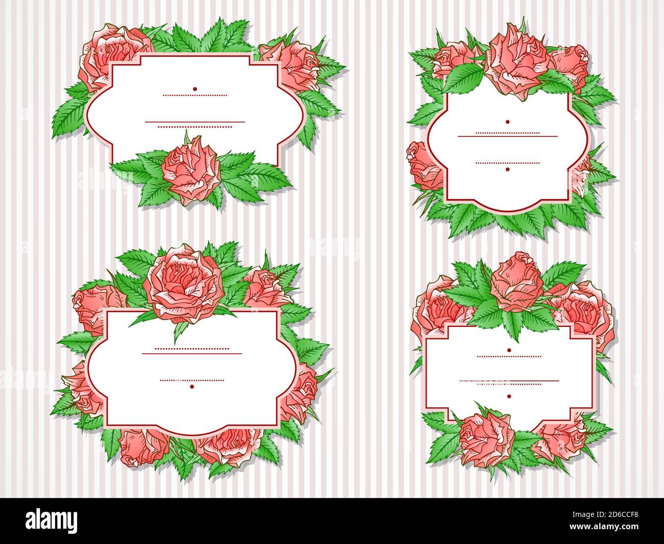 Vector set of labels with hand drawn roses and leaves. In red and green ...