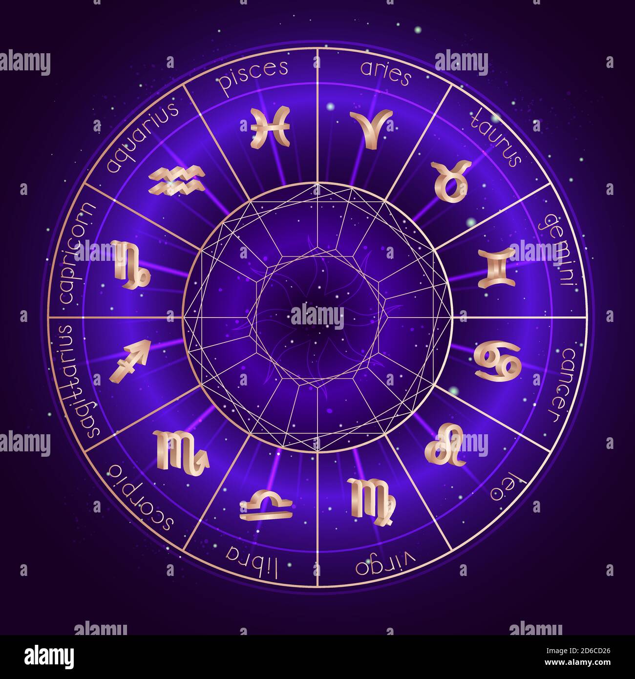 Illustration with Horoscope circle and Zodiac symbols on the starry ...