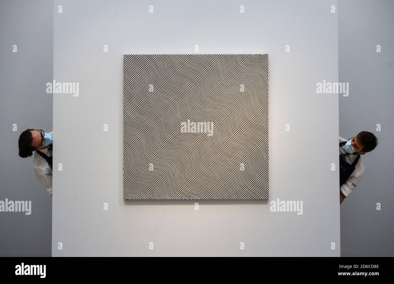 Gallery assistants with 'Untitled (Diagonal Curve)' by Bridget Riley ...