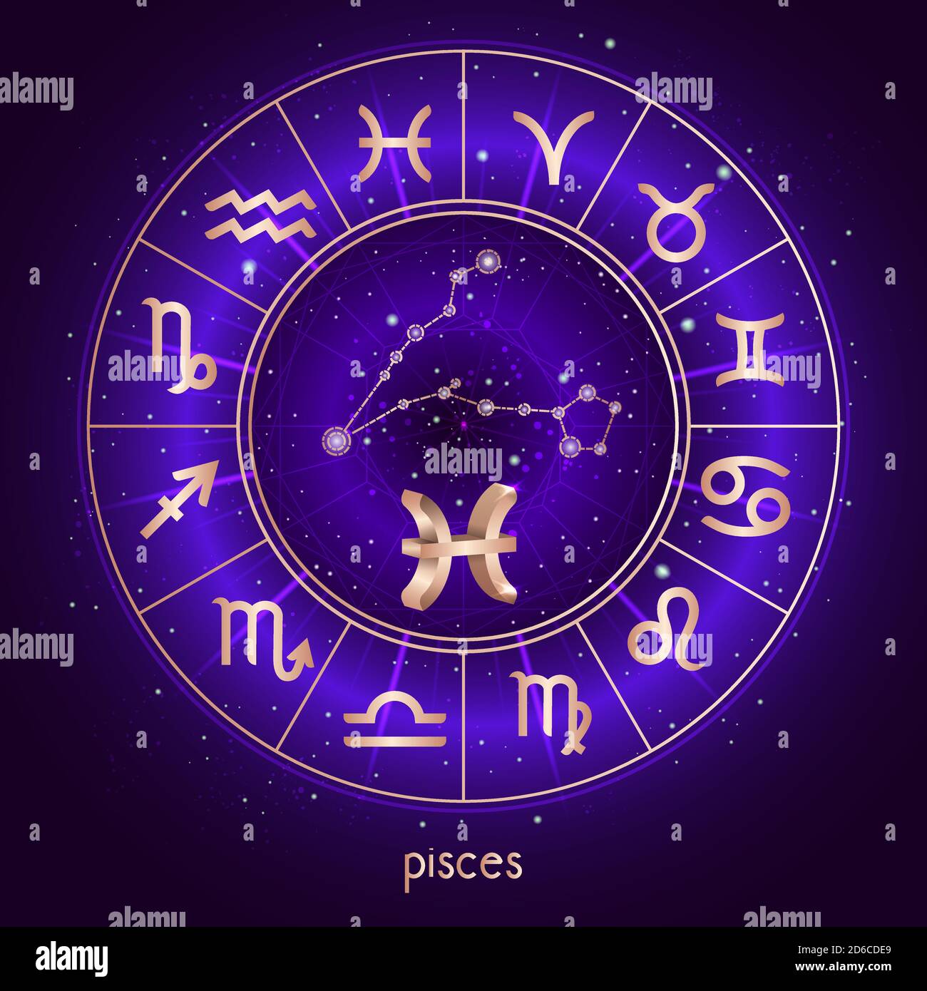 Zodiac sign and constellation PISCES with Horoscope circle and sacred ...
