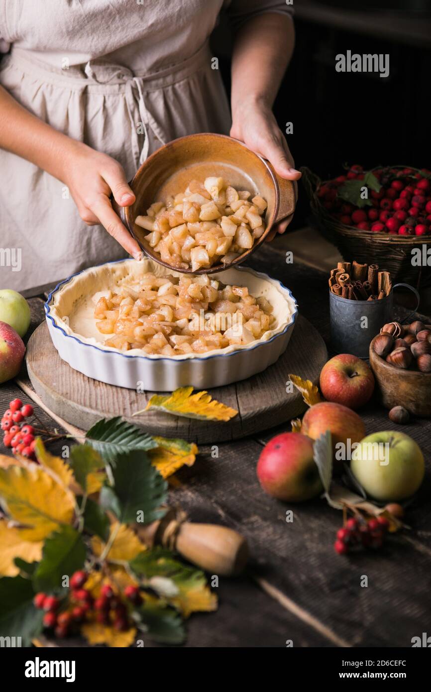Baking background with raw traditional classic apple pie, bake ingredients and utensils ...
