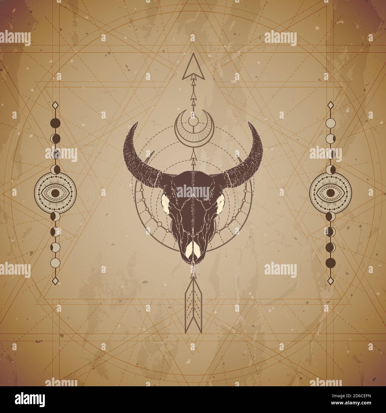 Vector illustration with hand drawn bull skull and Sacred geometric ...