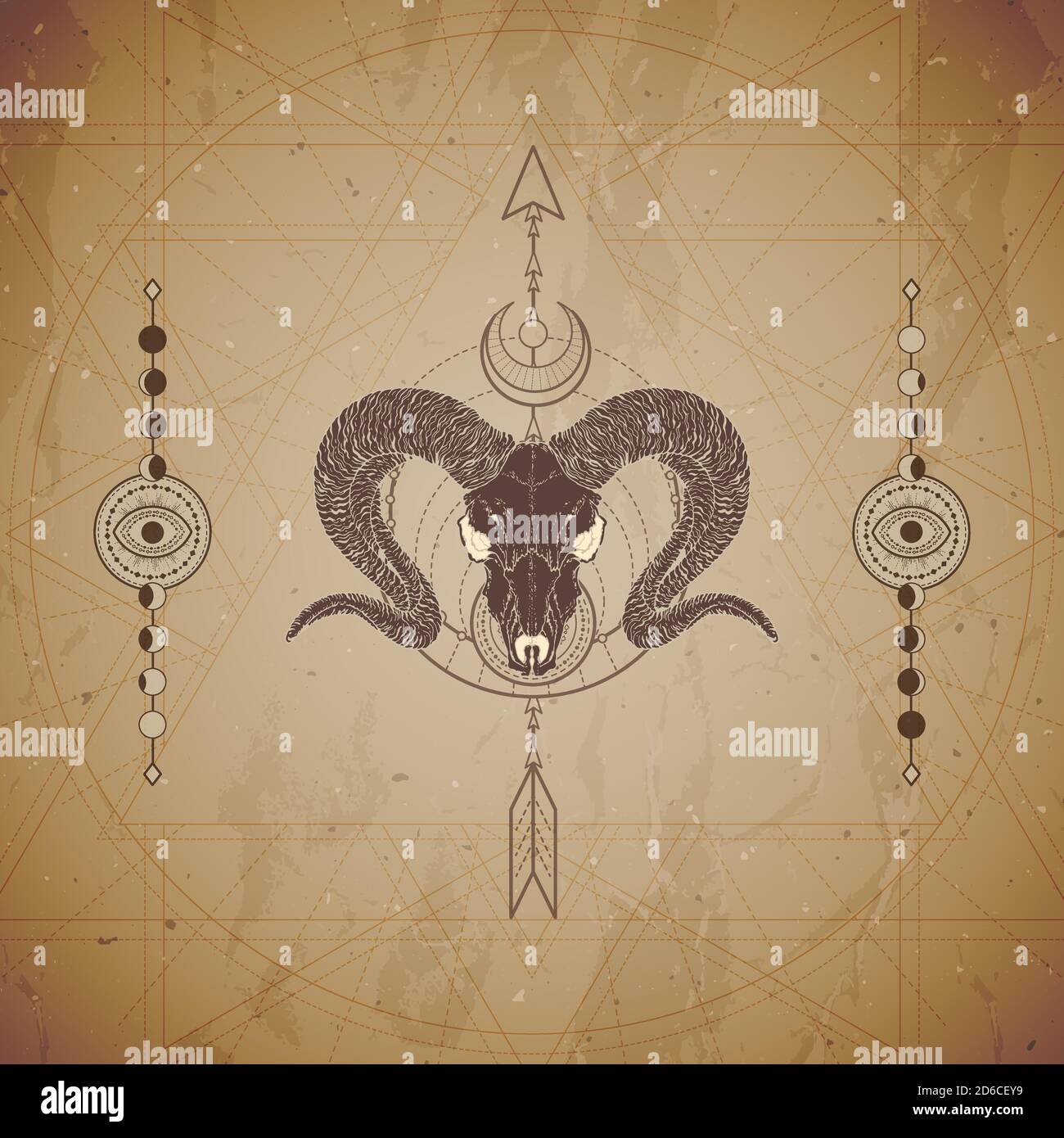 Vector illustration with hand drawn wild ram skull and Sacred geometric ...
