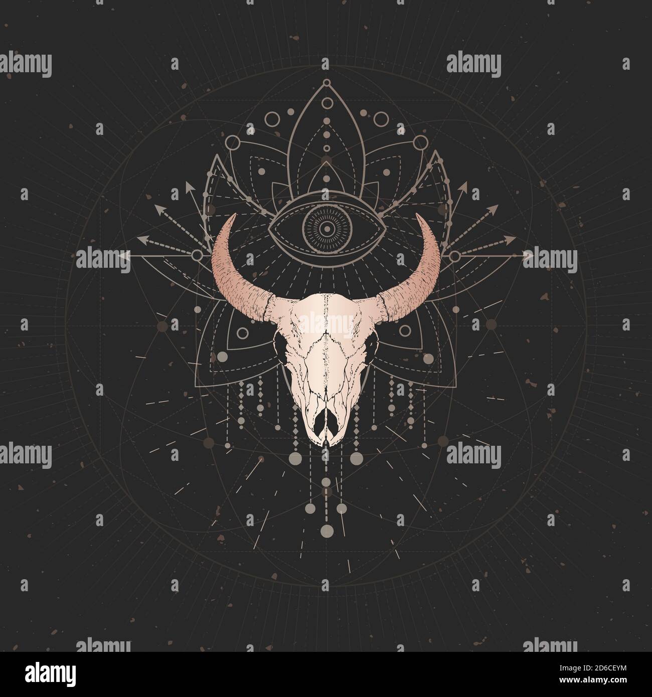 Vector illustration with hand drawn Bull skull and Sacred geometric ...