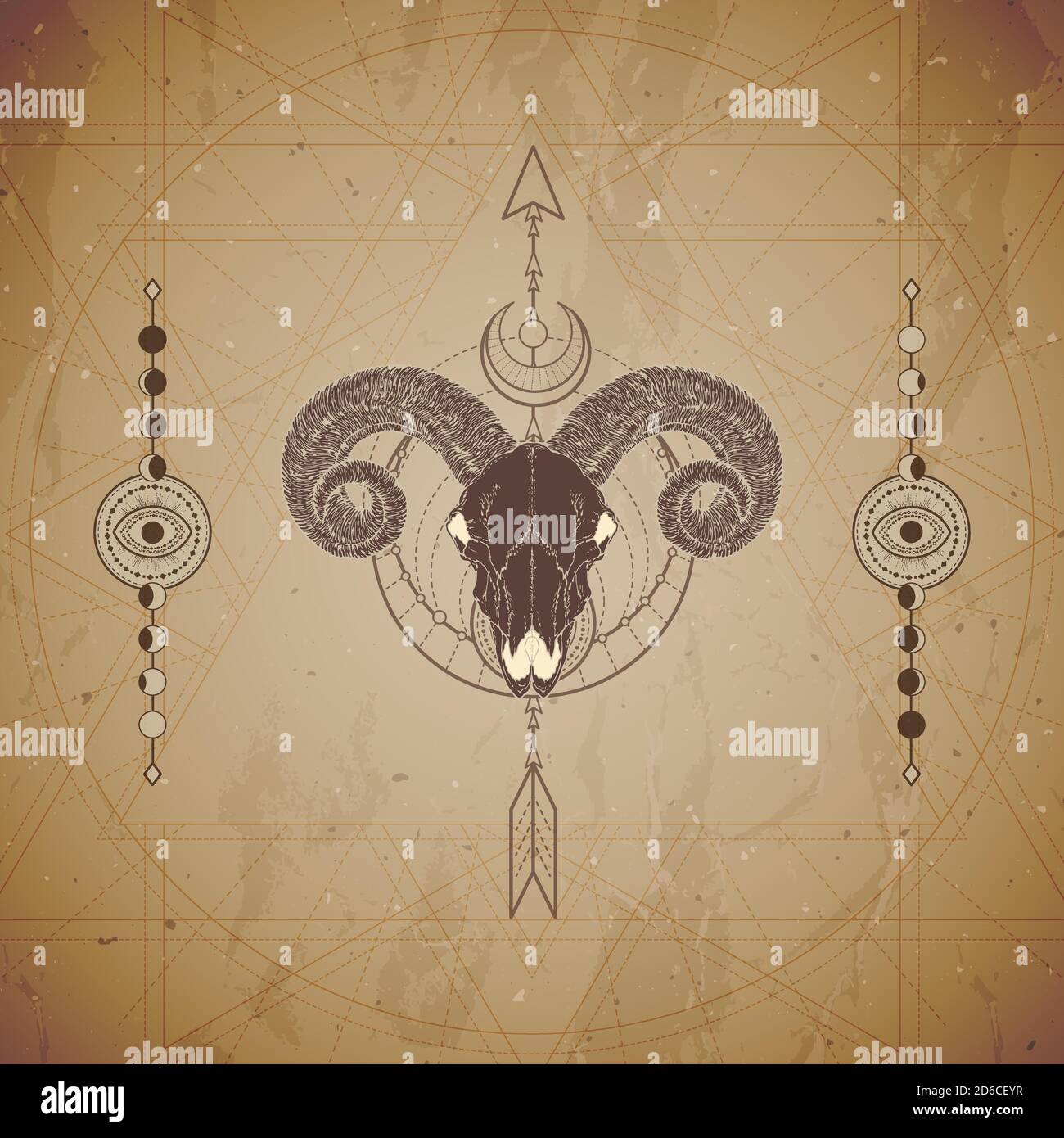 Vector illustration with hand drawn ram skull and Sacred geometric ...