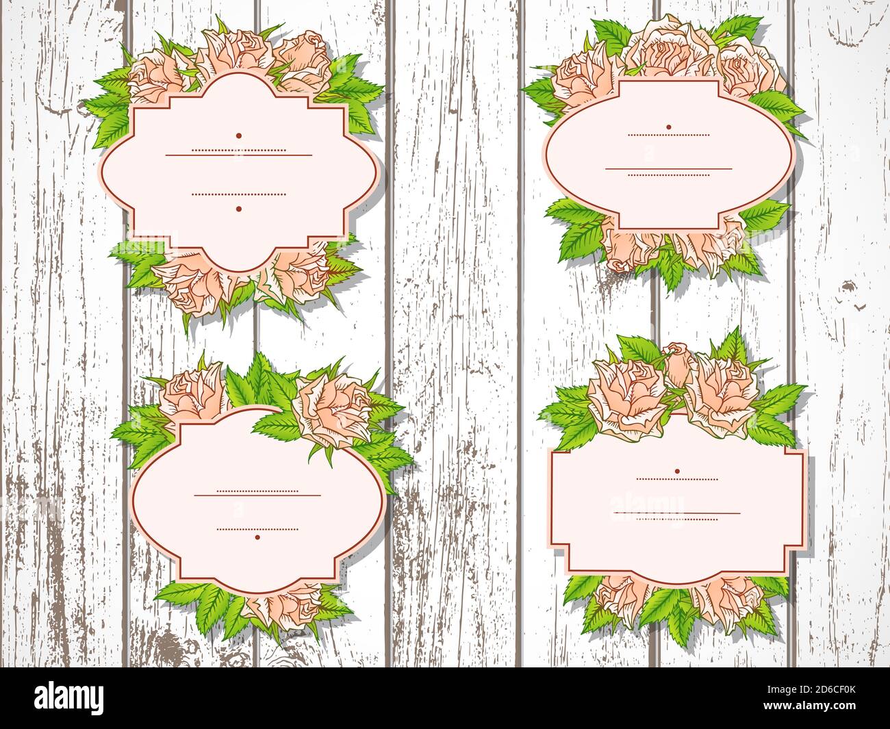 Vector set of labels with hand drawn roses and leaves on wooden ...