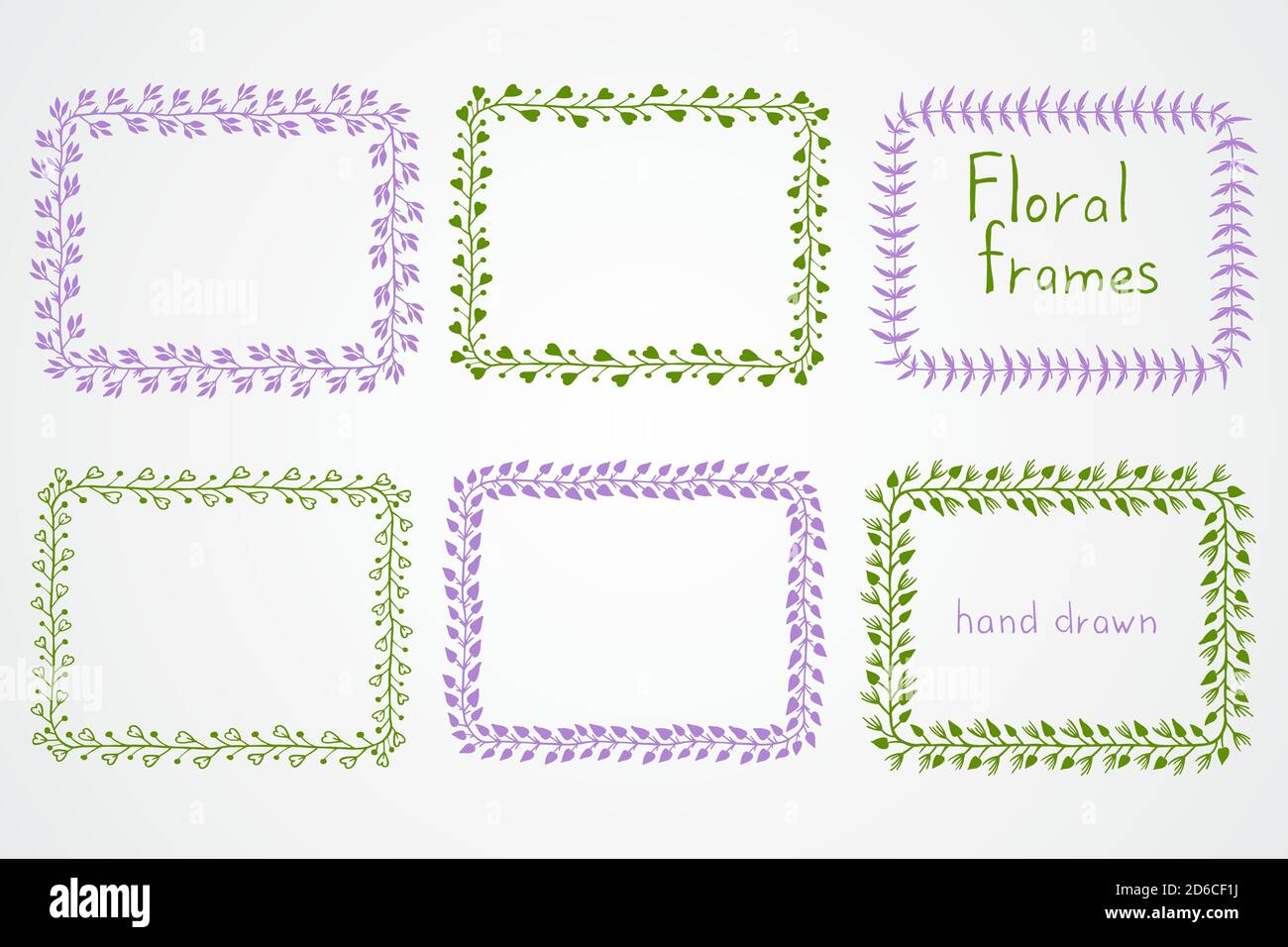 Vector set of floral hand drawn rectangular frames. In purple and green ...