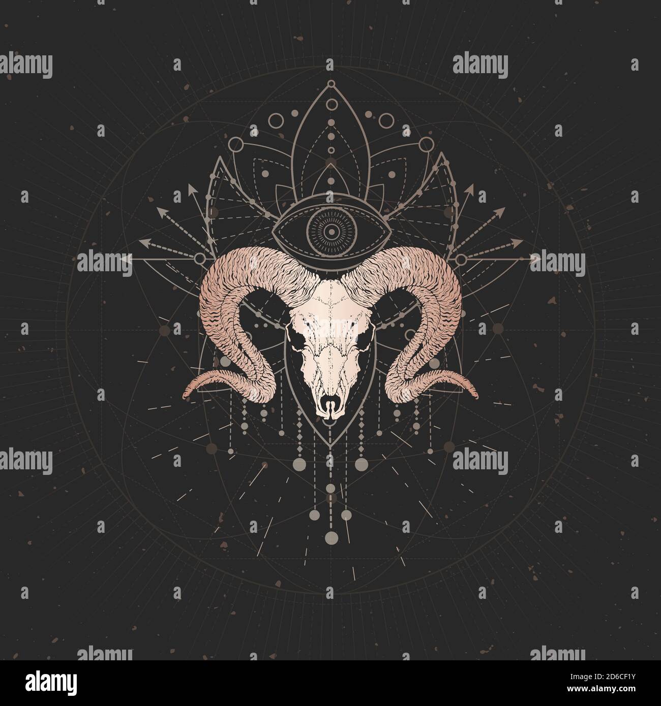 Vector illustration with hand drawn Wild ram skull and Sacred geometric ...