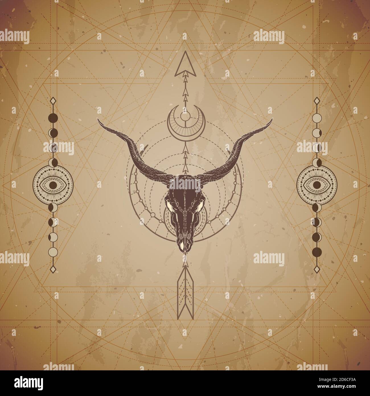 Vector illustration with hand drawn antelope skull and Sacred geometric ...