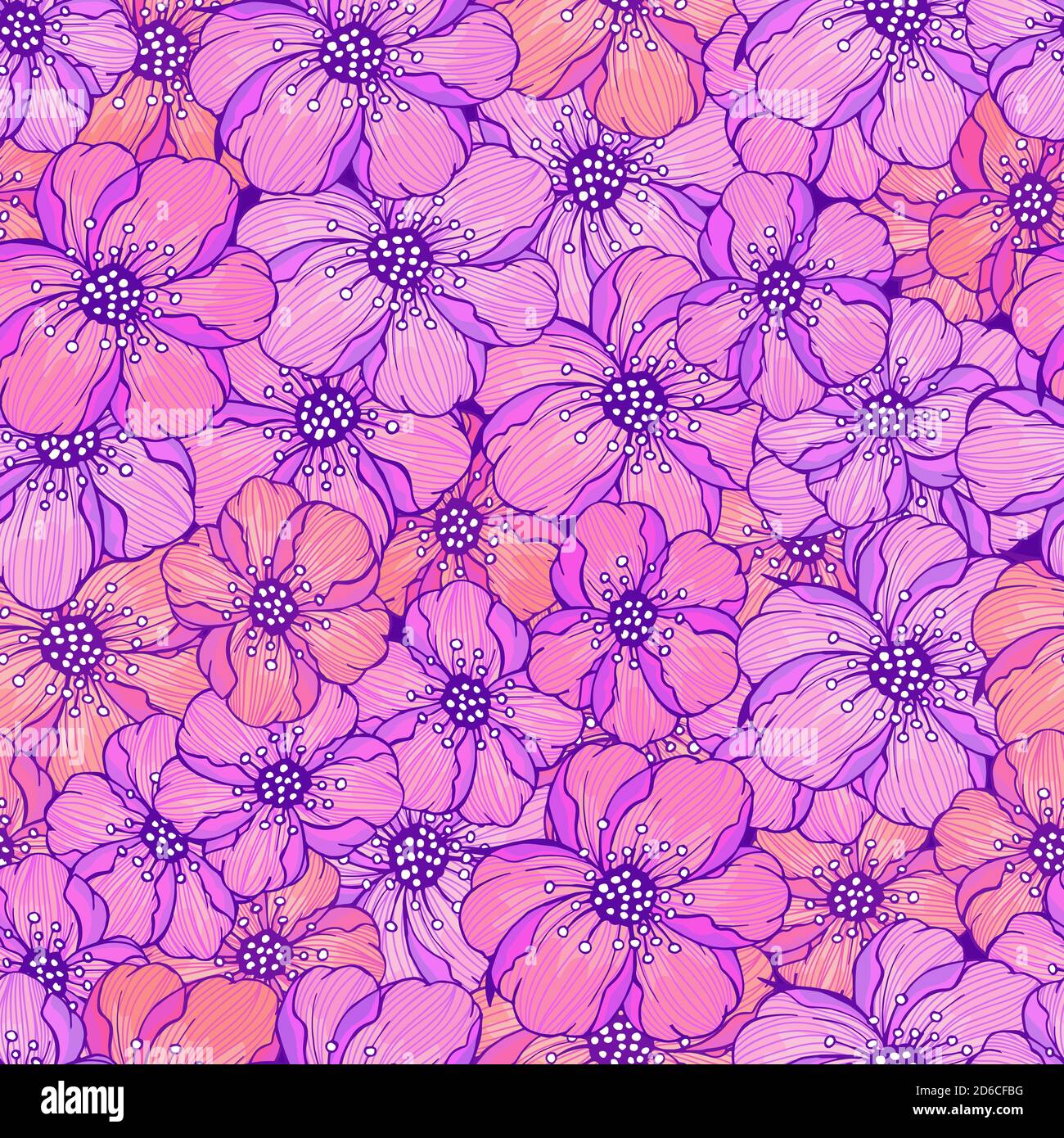 Vector seamless pattern with hand drawn flowers. In pink and violet ...