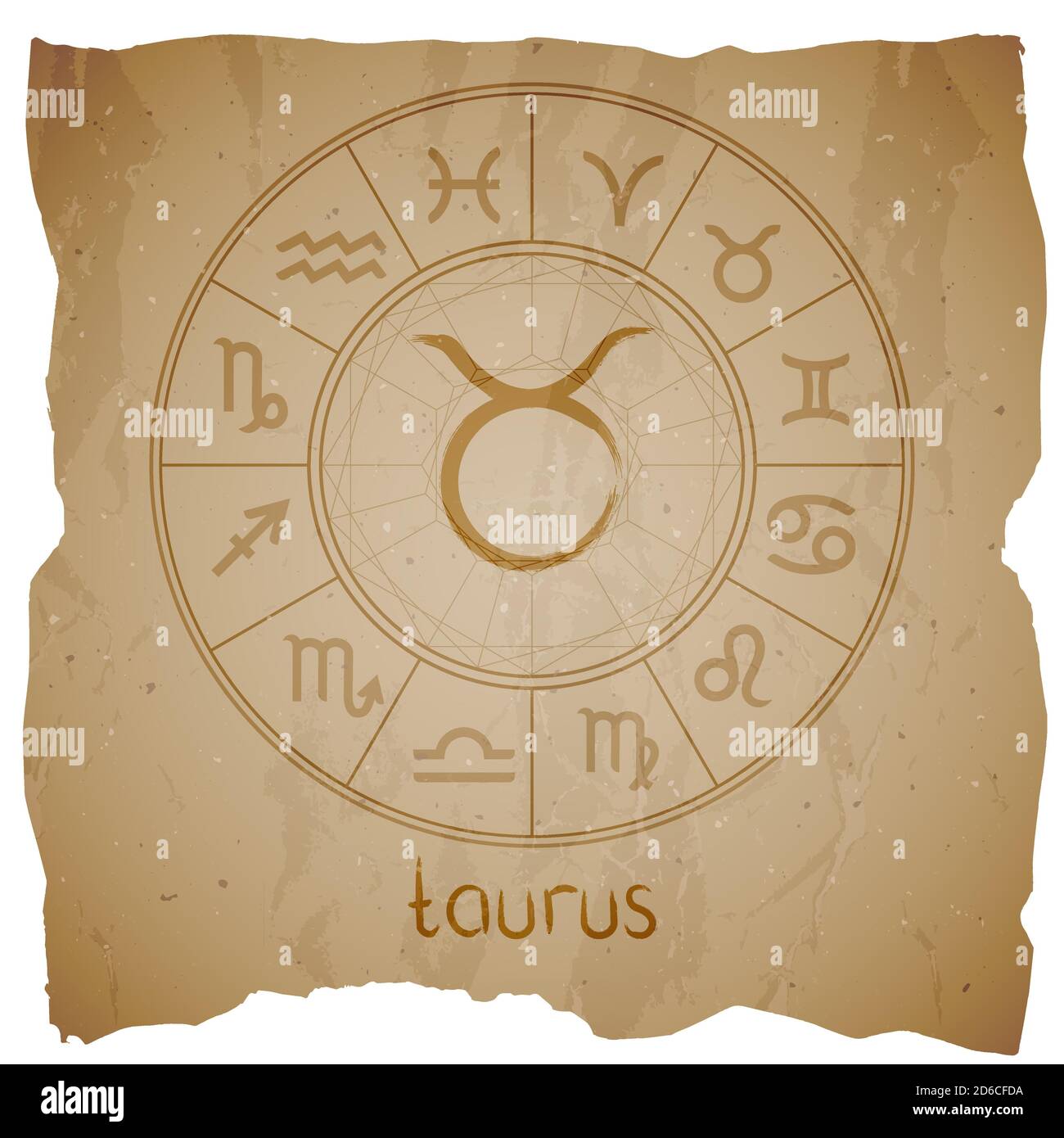Vector illustration with hand drawn Zodiac sign TAURUS on a grunge old ...