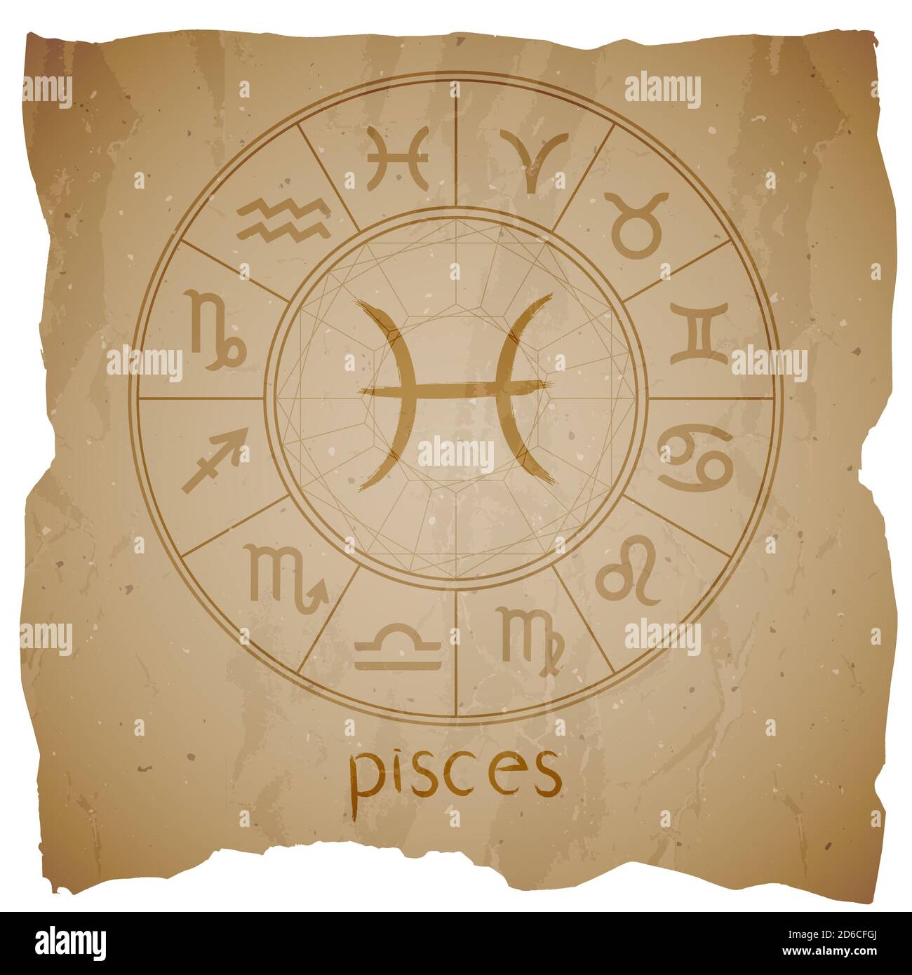 Vector illustration with hand drawn Zodiac sign PISCES on a grunge old ...