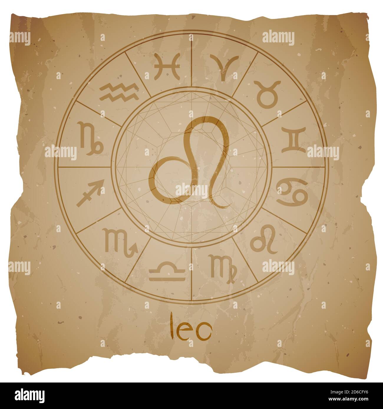 Vector illustration with hand drawn Zodiac sign LEO on a grunge old ...