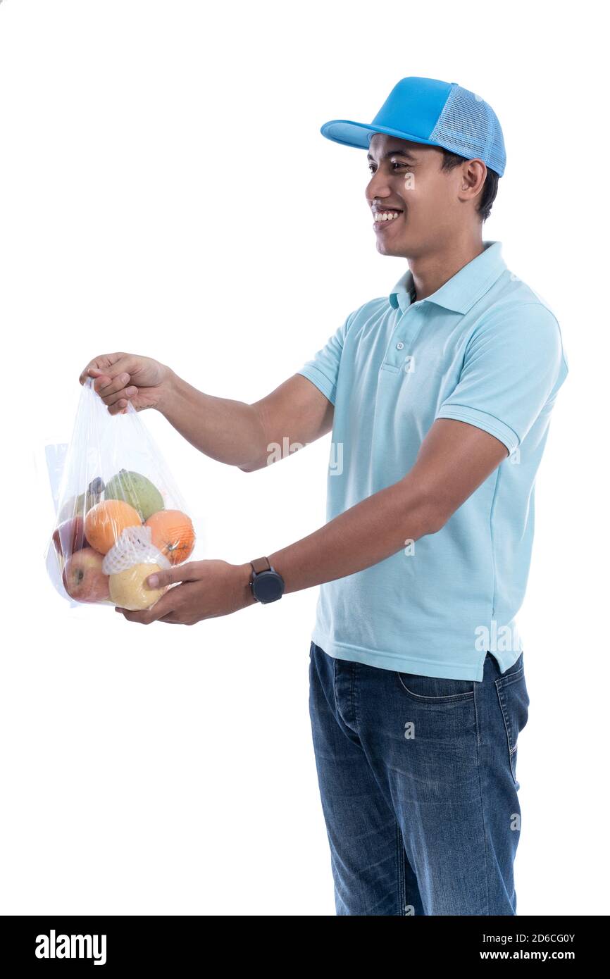 handsome food courier isolated. delivery service isolated over white ...