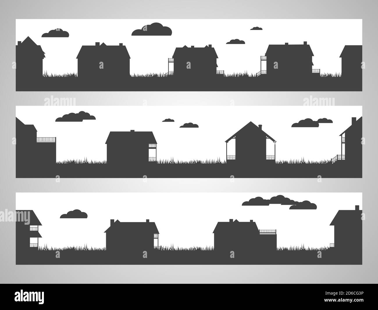 Set of three horizontal seamless illustration with country cottages ...