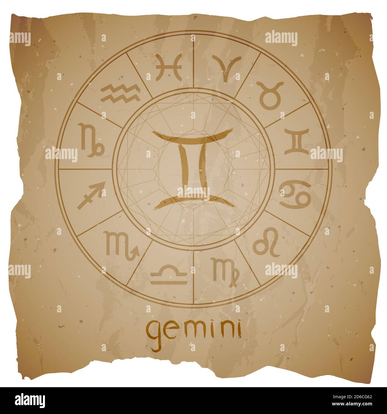 Vector illustration with hand drawn Zodiac sign GEMINI on a grunge old ...