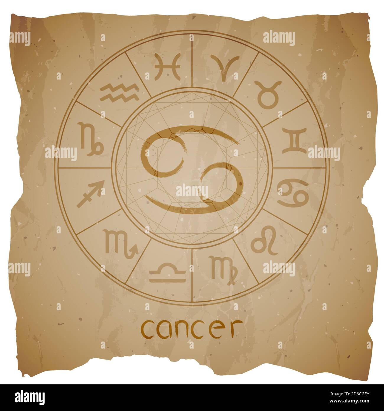 Vector illustration with hand drawn Zodiac sign CANCER on a grunge old ...