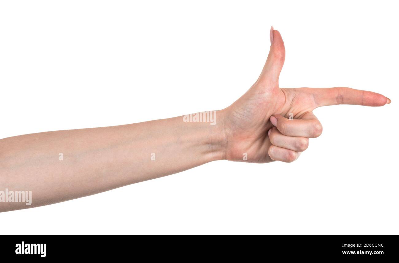 Female caucasian hands isolated white background showing gesture points ...