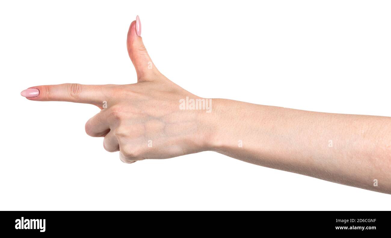 Female caucasian hands isolated white background showing gesture points ...