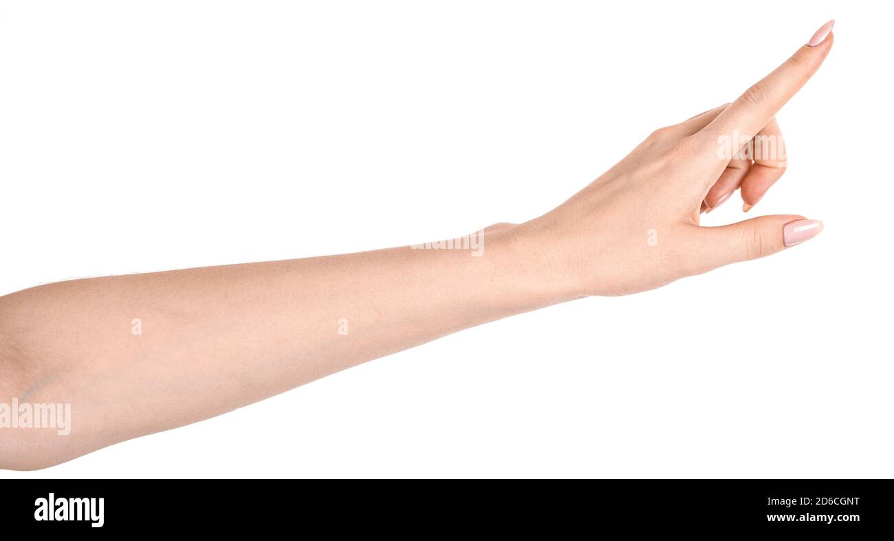 Female caucasian hands isolated white background showing gesture points ...