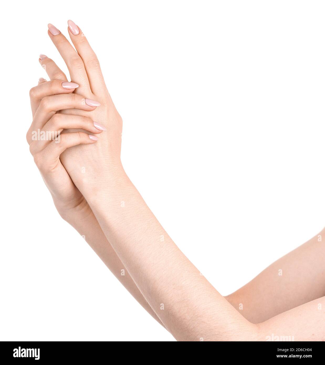 Female caucasian hands isolated white background showing various finger ...