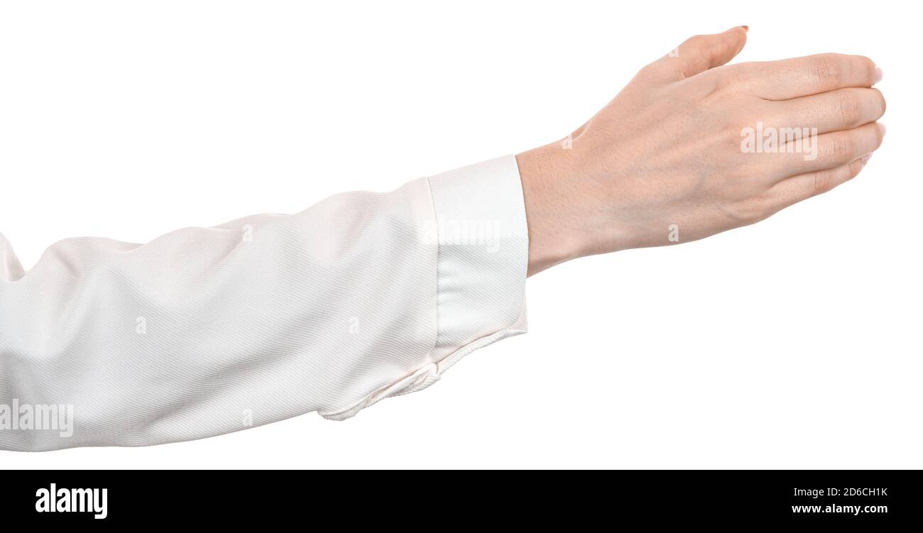 Female caucasian hands in a white office blouse, shirt isolated white ...