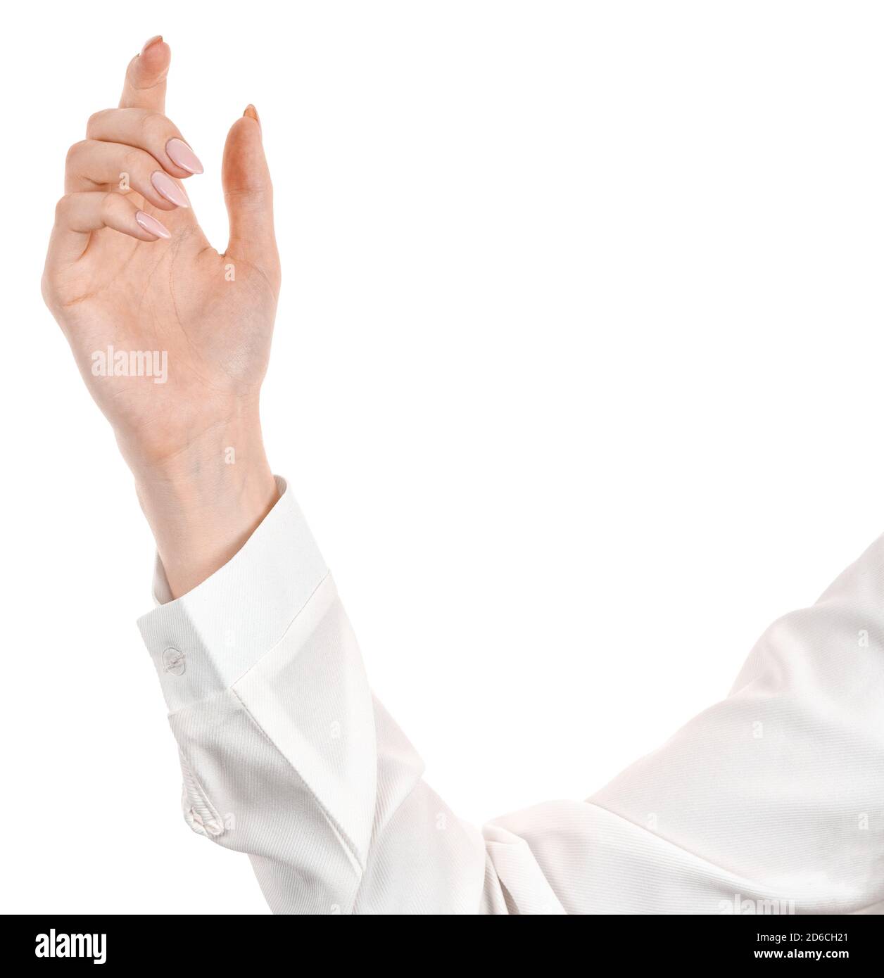 Female caucasian hands in a white office blouse, shirt isolated white ...