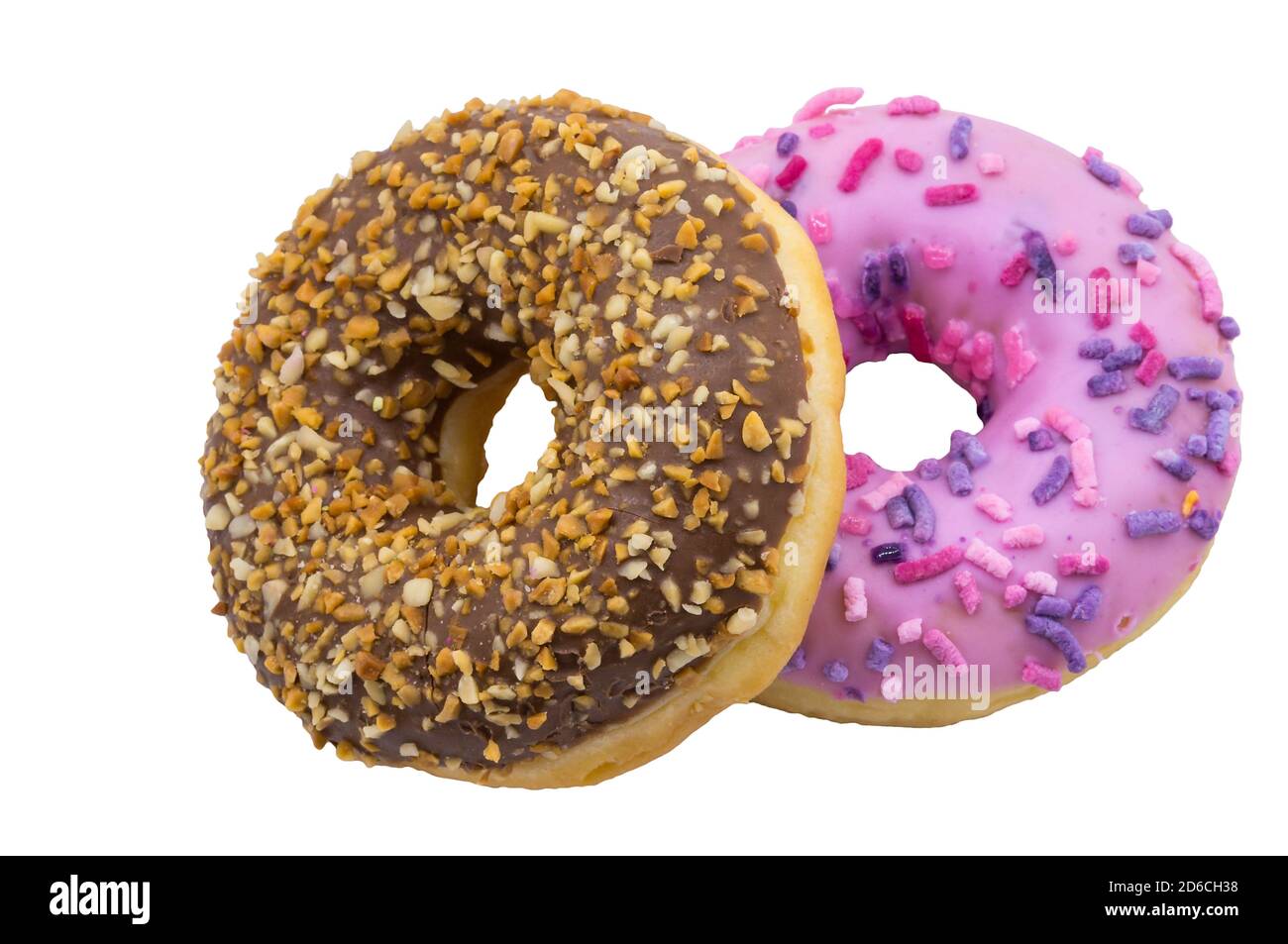 chocolate and berry doughnut, walnut donut on a white background, pink ...