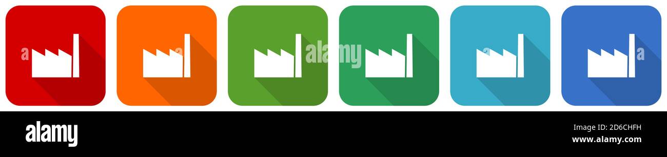 Factory icon set, flat design vector illustration in 6 colors options ...