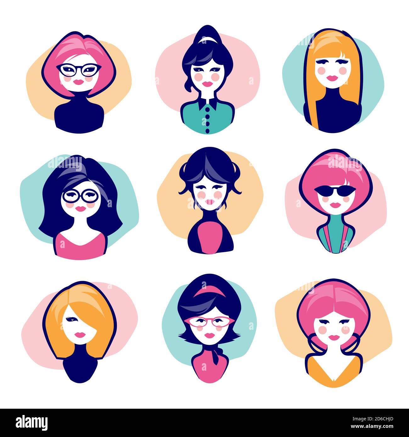 Avatars of young women cartoon retro style, isolated on white ...