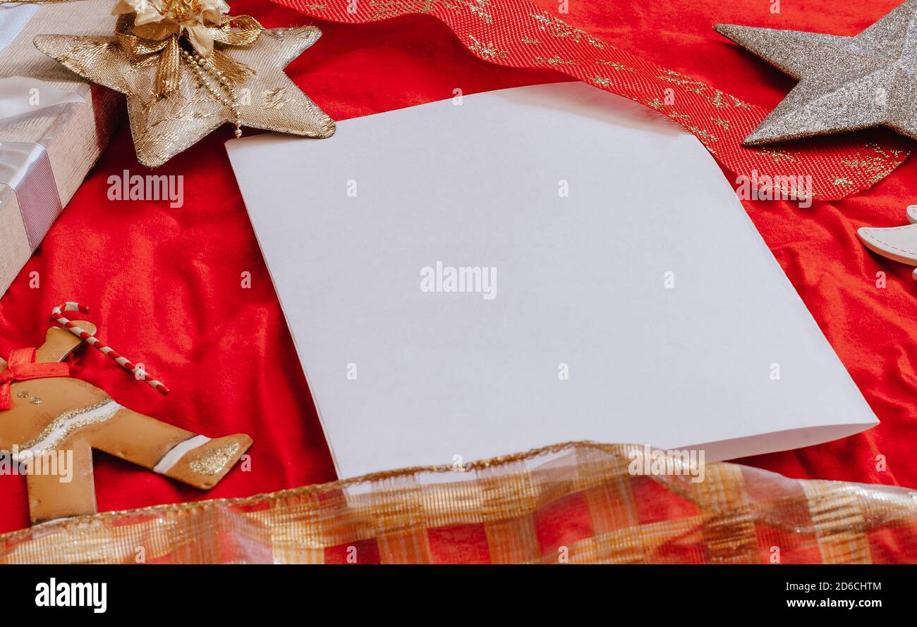 Christmas invitation with celebration decorations and red background ...