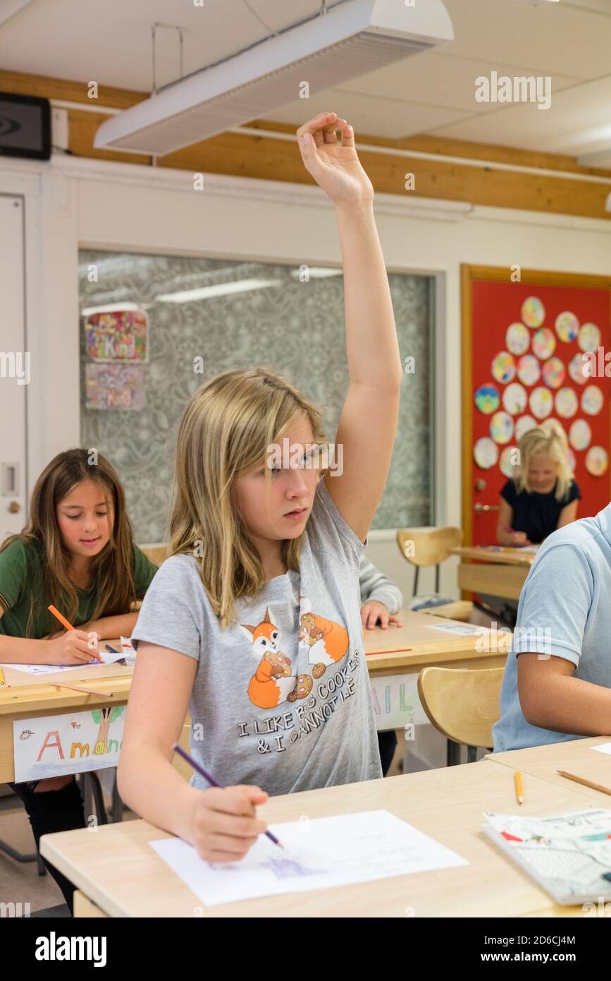 Girl in classroom raising hand Stock Photo - Alamy