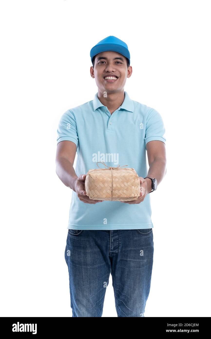 handsome food courier isolated. delivery service isolated over white ...