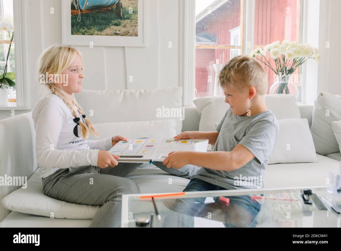 Brother and sister fighting over book Stock Photo - Alamy