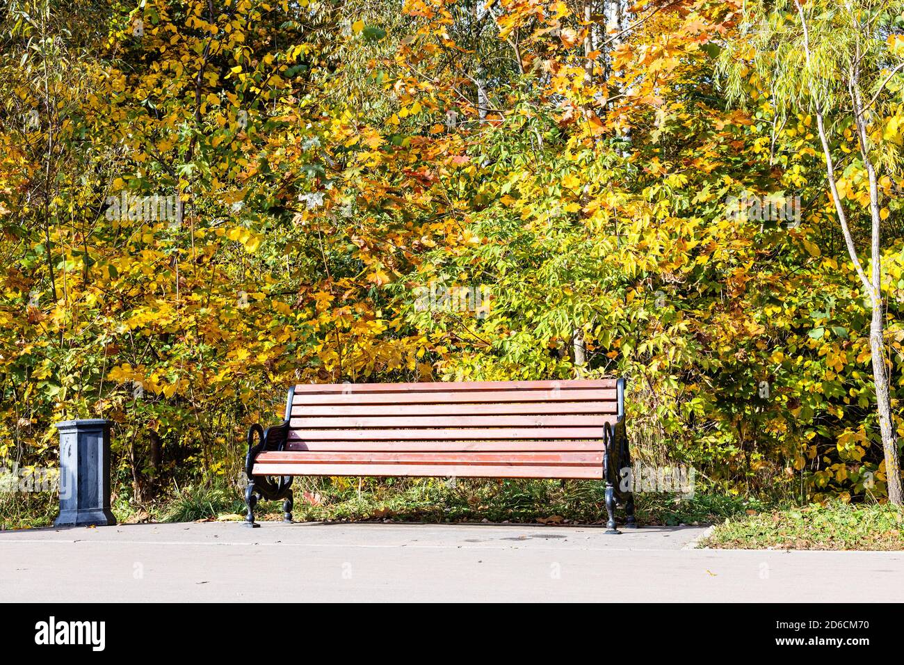 Empty bench along pathway day hi-res stock photography and images - Alamy