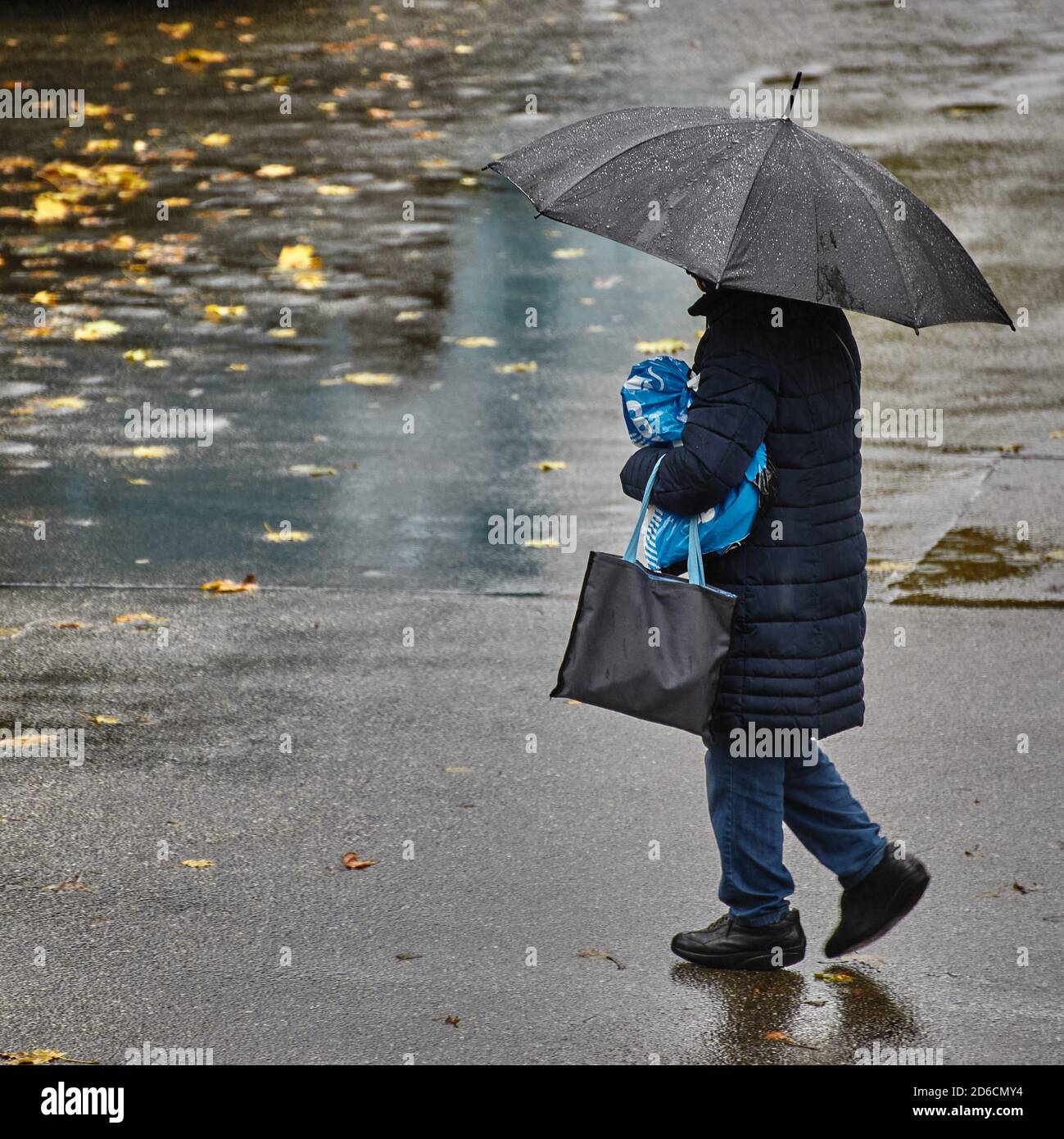 Person with umbrella walks through the rain. Person with umbrella walks ...