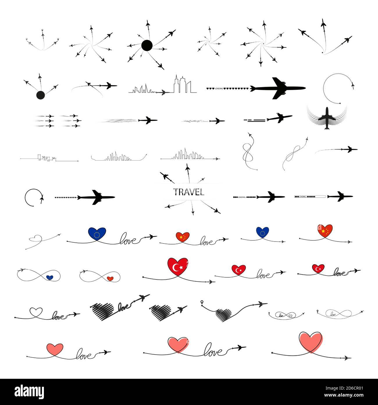Set icons of travel way by plane. Takeoff and landing of a passenger ...