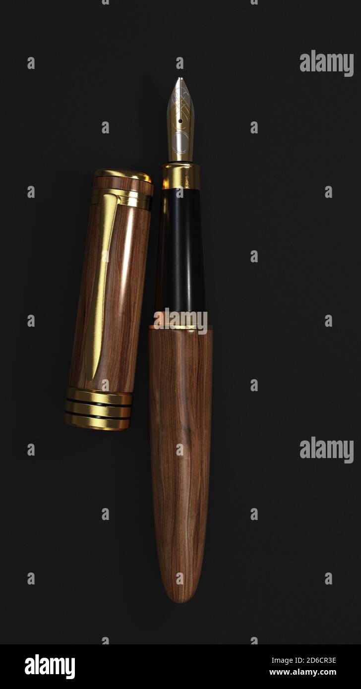 An ornate modern fountain pen crafted with wood and gold on a dark ...