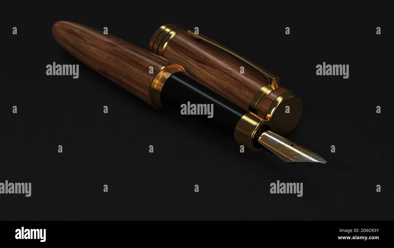 An ornate modern fountain pen crafted with wood and gold on a dark ...