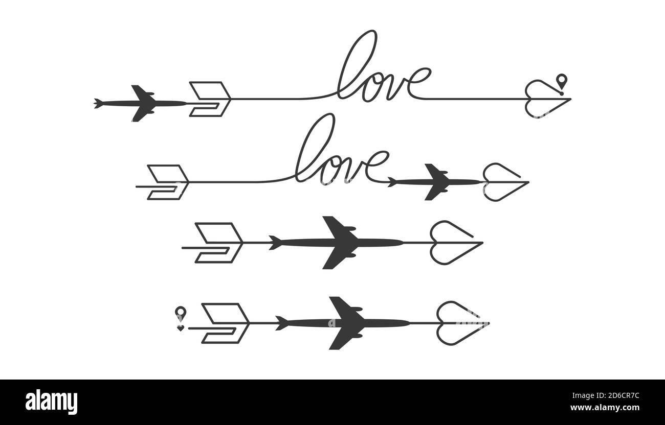 Airplane travel icons set on arrow. Takeoff and landing of a passenger ...