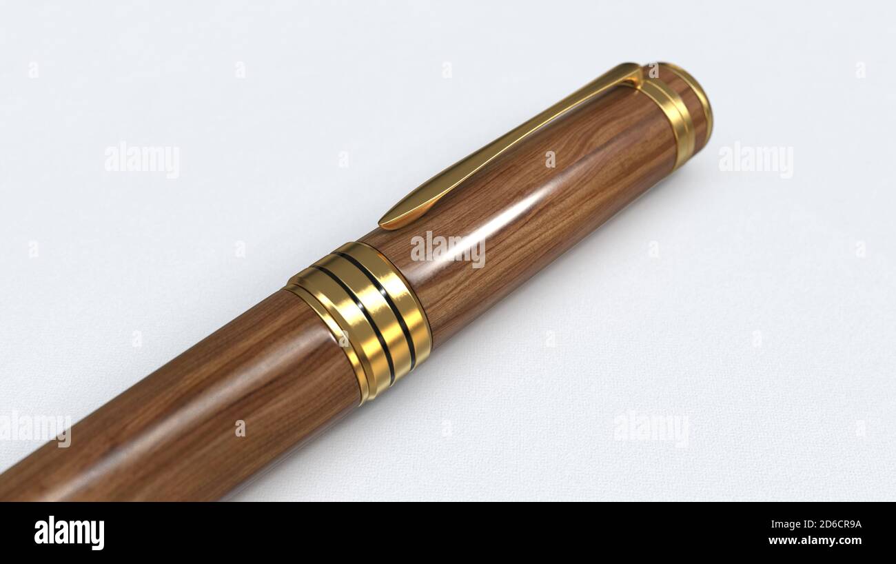 A closeup view of a closed ornate modern fountain pen crafted with wood ...