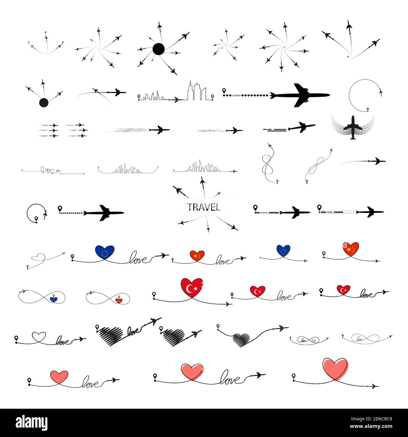 Set icons of travel way by plane. Takeoff and landing of a passenger ...