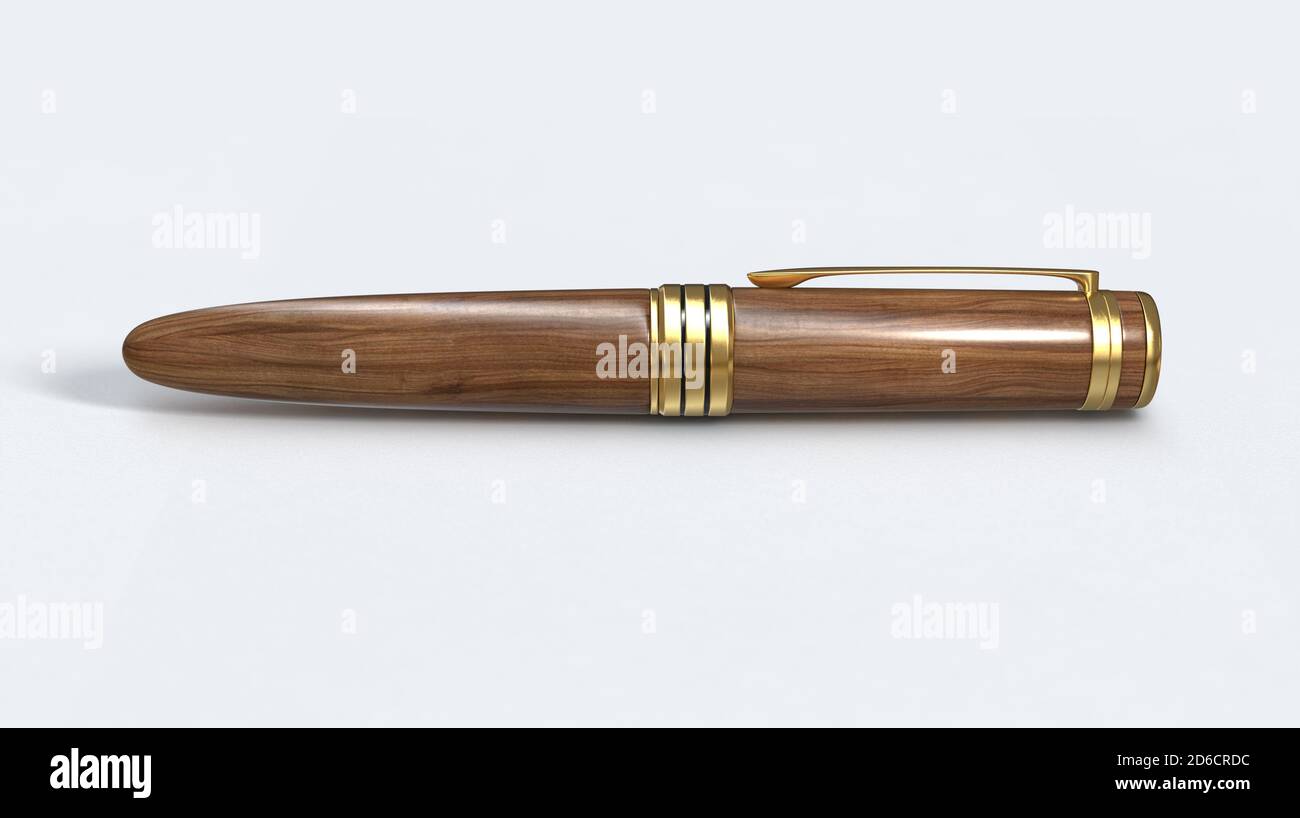 A closeup view of a closed ornate modern fountain pen crafted with wood ...