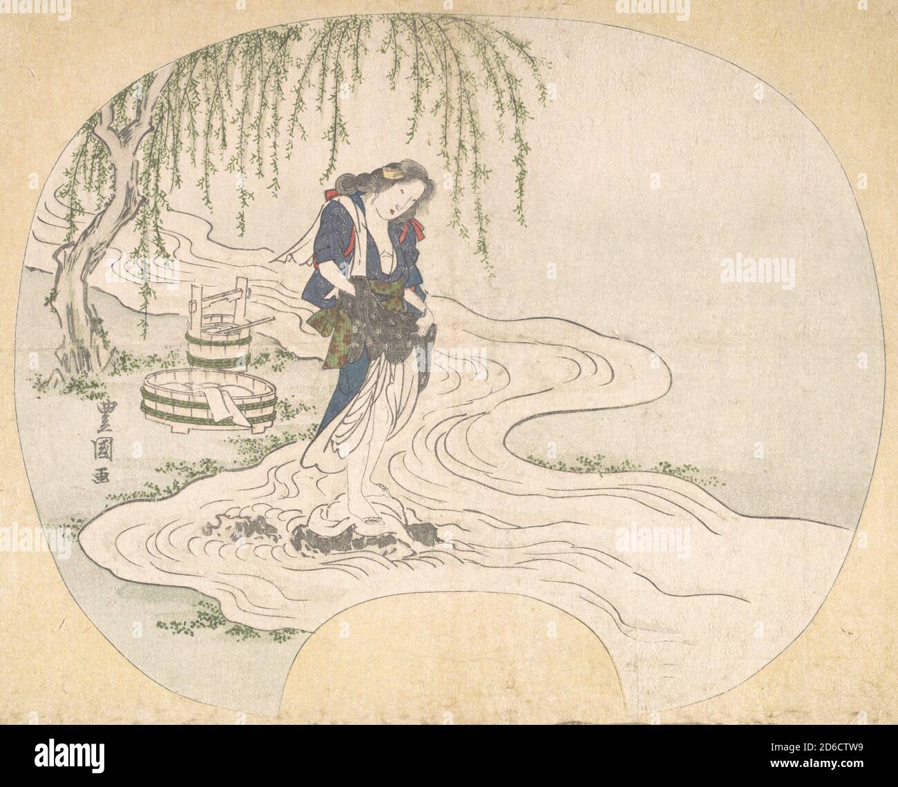 A Woman Stands on a Rock in a Stream Washing Clothes, ca. 1828 Stock ...