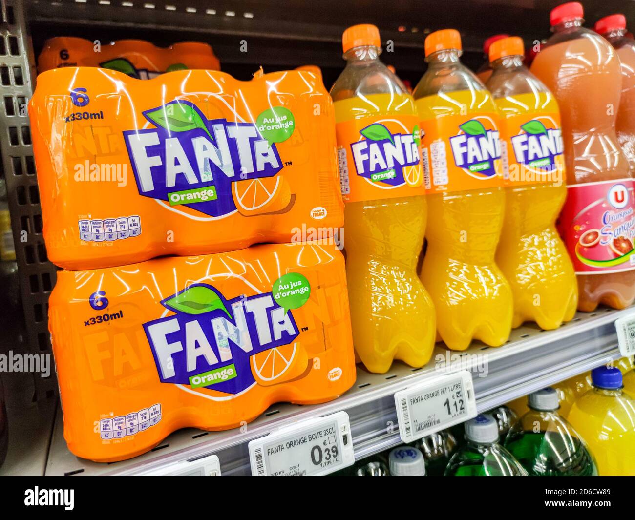 Puilboreau, France - October 14, 2020:Focus on Fanta drink bottle's on ...