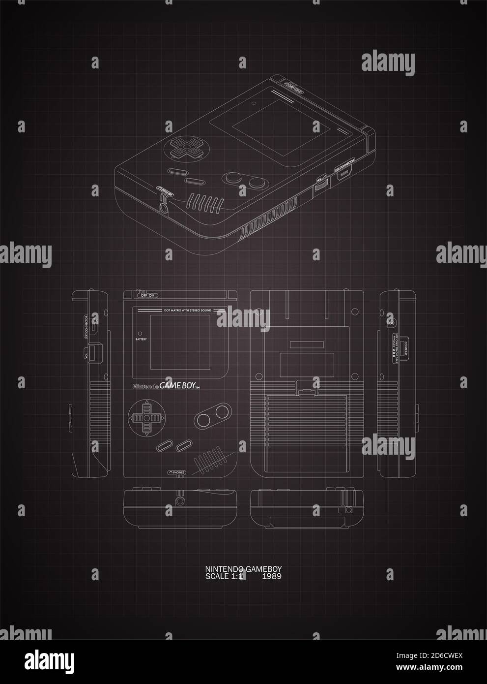 A technical mechanical line drawing in isometric and orthographic ...