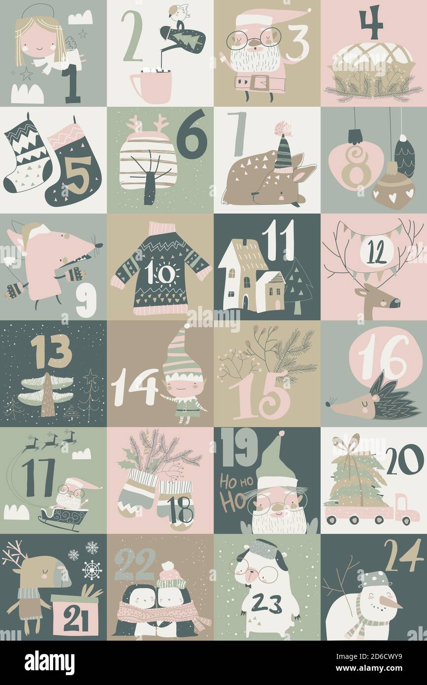 Advent calendar with christmas decoration and characters Stock Vector ...