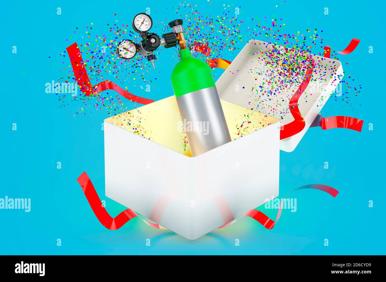 Oxygen tank, gas cylinder inside gift box, 3D rendering on blue ...